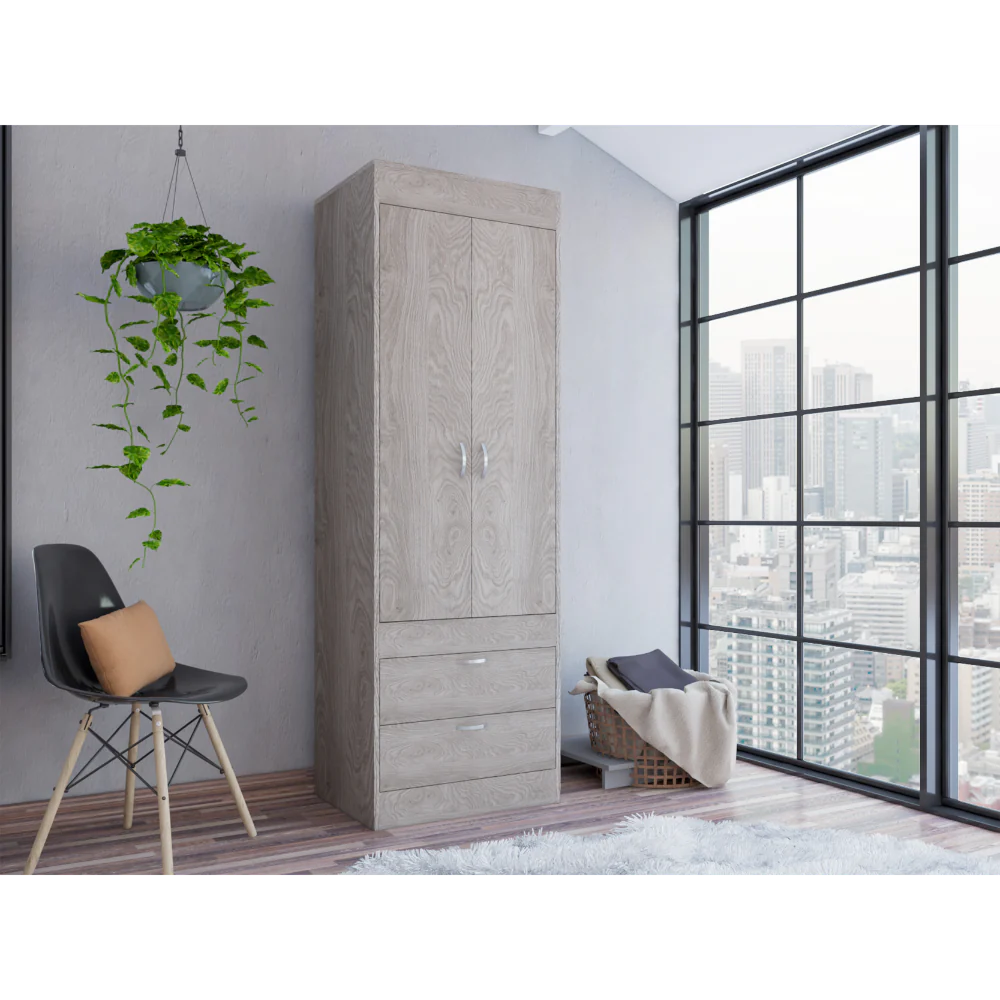 Portugal Armoire, Double Door Cabinet, Two Drawers, Metal Handles, Rod ...
